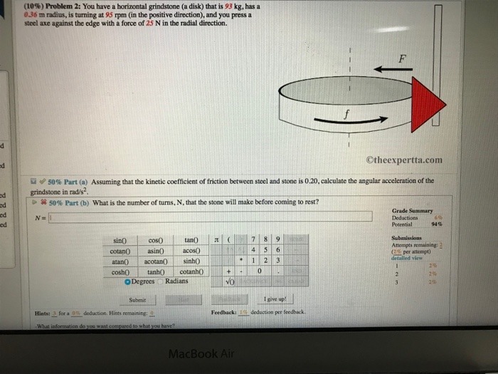 Solved (10%) Problem 2: You have a horizontal grindstone (a | Chegg.com