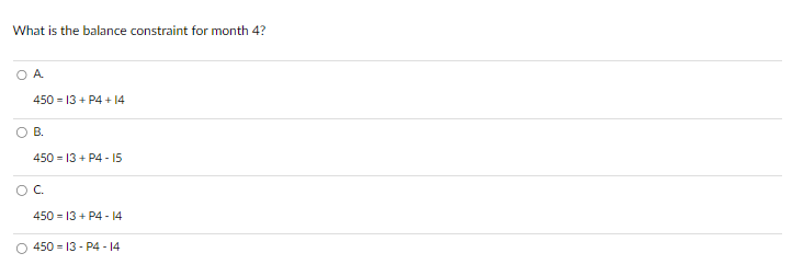Solved What is the balance constraint for month 1 ? A. I1 = | Chegg.com