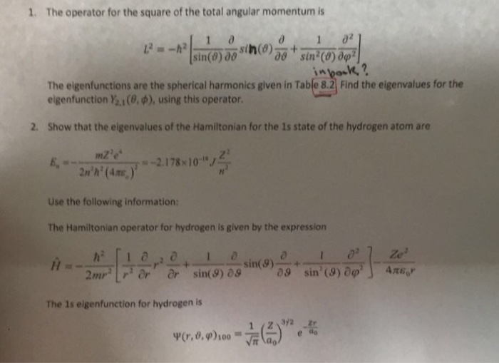 Solved The operator for the square of the total angular | Chegg.com
