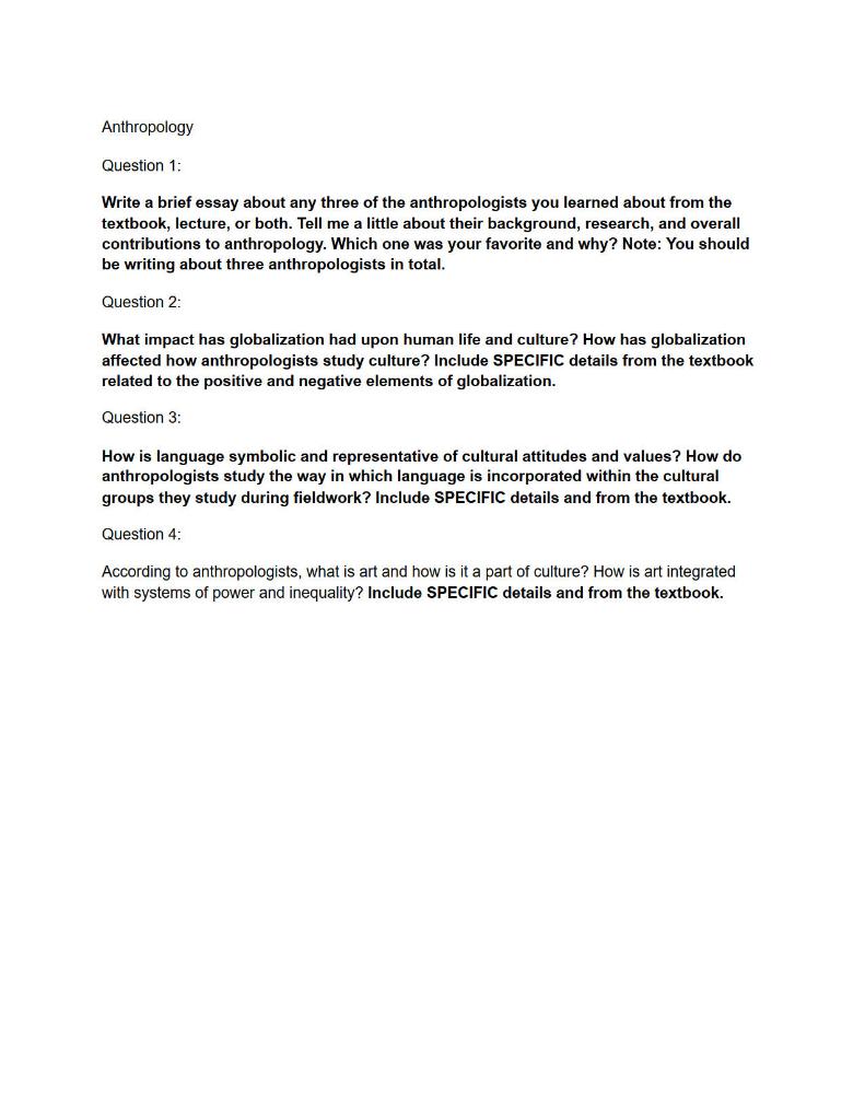 Solved Anthropology Question 1: Write a brief essay about | Chegg.com