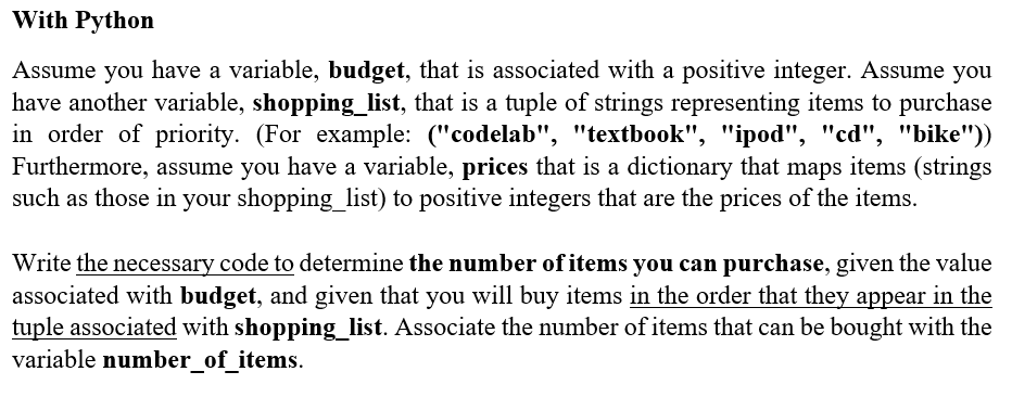 Solved With Python Assume you have a variable, budget, that | Chegg.com