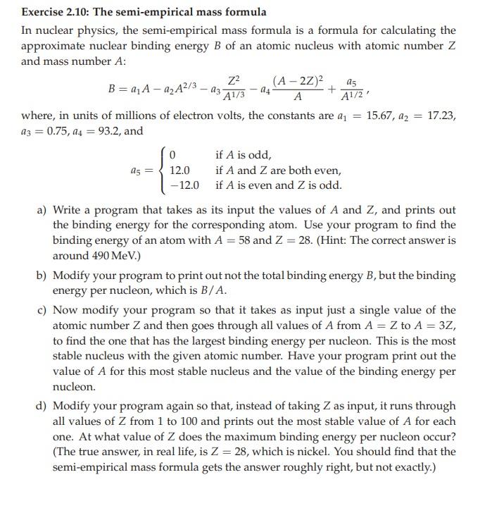 Solved Exercise 2.10: The semi-empirical mass formula In | Chegg.com