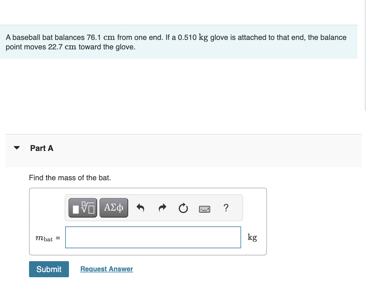 Solved A baseball bat balances 76.1cm ﻿from one end. If a | Chegg.com