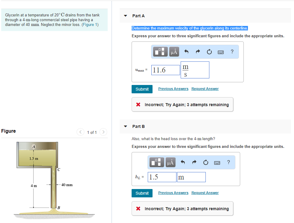 Solved Glycerin at a temperature of 20° C drains from the | Chegg.com
