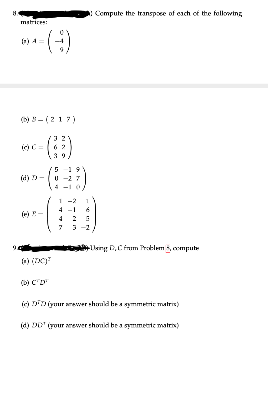 Solved Compute the transpose of each of the following 8. | Chegg.com