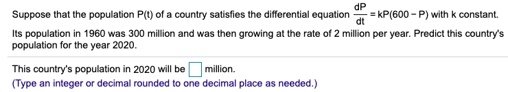 Solved dP Suppose that the population P(t) of a country | Chegg.com