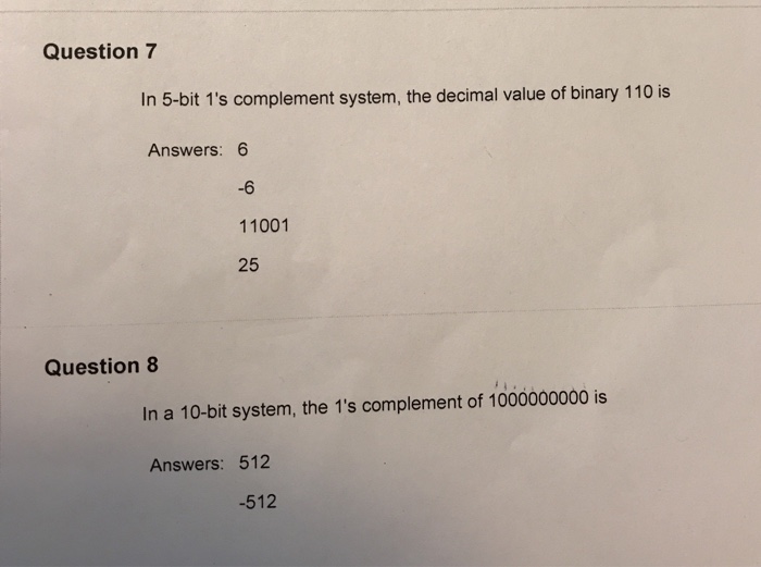 Solved In 5-bit 1's complement system, the decimal value of | Chegg.com