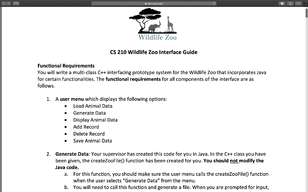 Solved learnochu.edu OVER Wildlife Zoo CS 210 Wildlife Zoo | Chegg.com