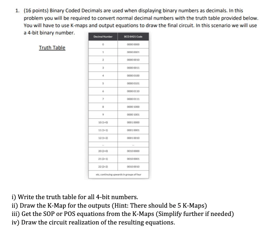 Solved 1. (16 points) Binary Coded Decimals are used when | Chegg.com