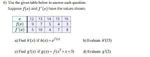 Solved 6) Use the given table below to answer each question: | Chegg.com