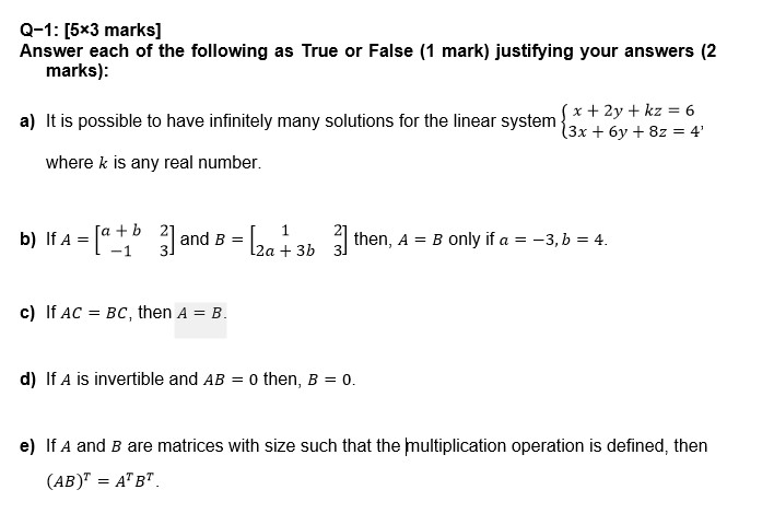 Solved Q-1: [5×3 marks] Answer each of the following as True | Chegg.com