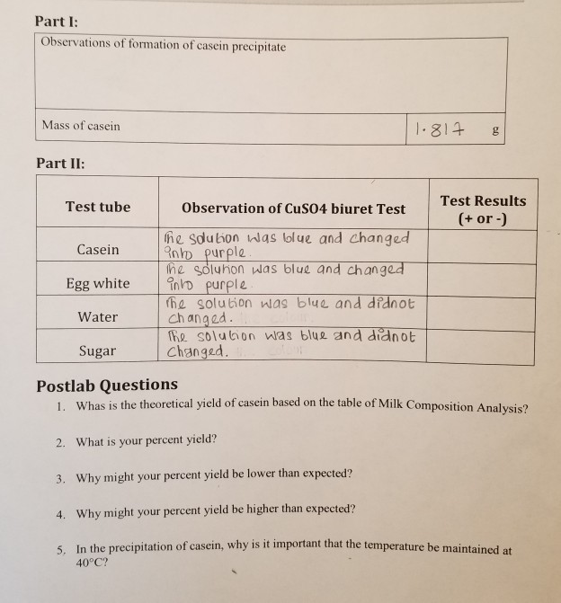 Part I Observations of formation of casein | Chegg.com