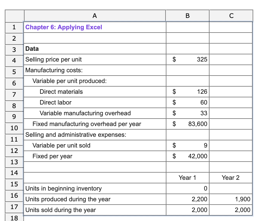 Solved A B с 1 Chapter 6: Applying Excel 2 3 Data 4 $ 325 5 | Chegg.com