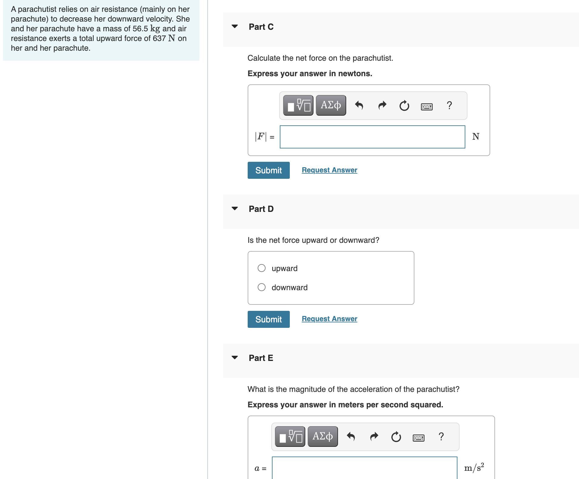 Solved A parachutist relies on air resistance (mainly on her | Chegg.com