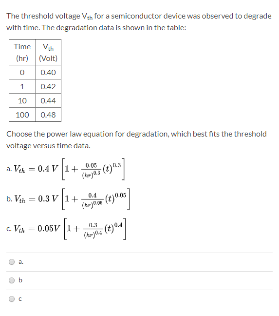 Solved The threshold voltage Vth for a semiconductor device | Chegg.com