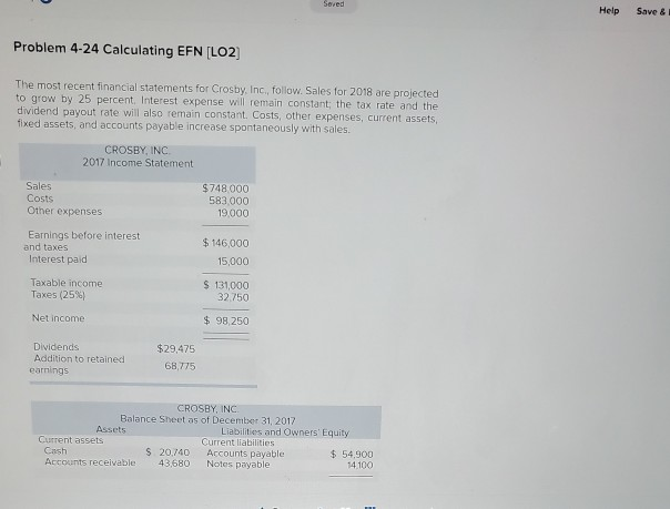 Solved Saved Help Save & Problem 4-24 Calculating EFN [LO2 | Chegg.com