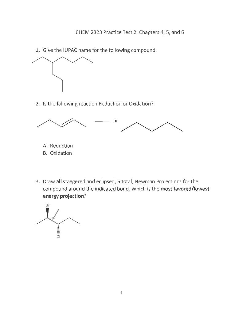 Solved CHEM 2323 Practice Test 2: Chapters 4, 5, and 6 1. | Chegg.com