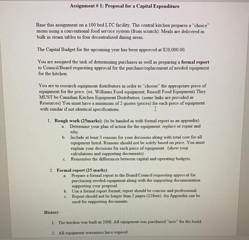 Solved Assignment #1: Proposal for a Capital Expenditure | Chegg.com