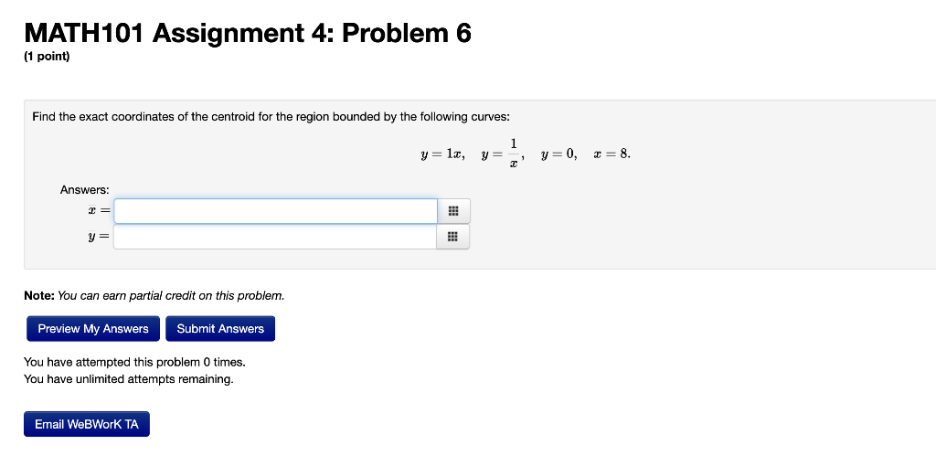 Solved MATH101 Assignment 4: Problem 6 (1 point) Find the | Chegg.com