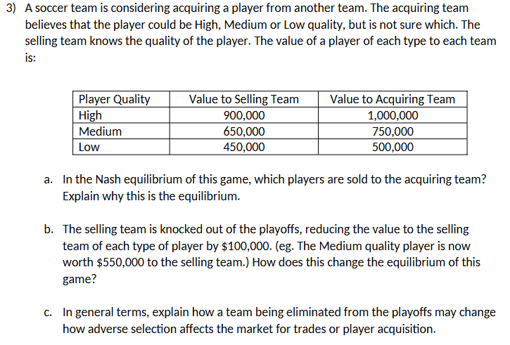 Solved 3) ﻿A soccer team is considering acquiring a player | Chegg.com