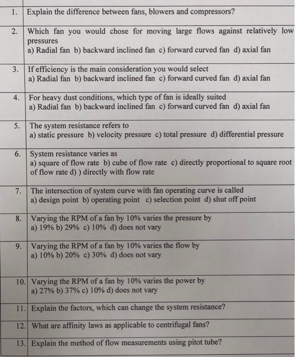 Solved 1. Explain the difference between fans, blowers and | Chegg.com