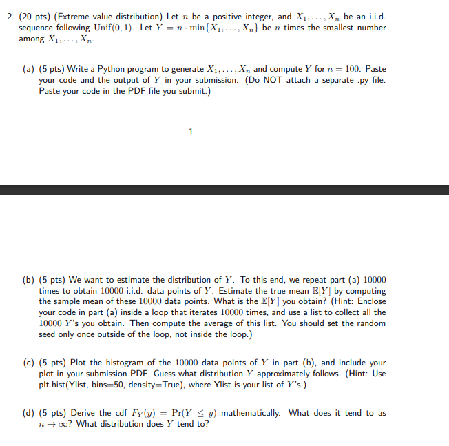Solved (20 pts) (Extreme value distribution) Let n be a | Chegg.com