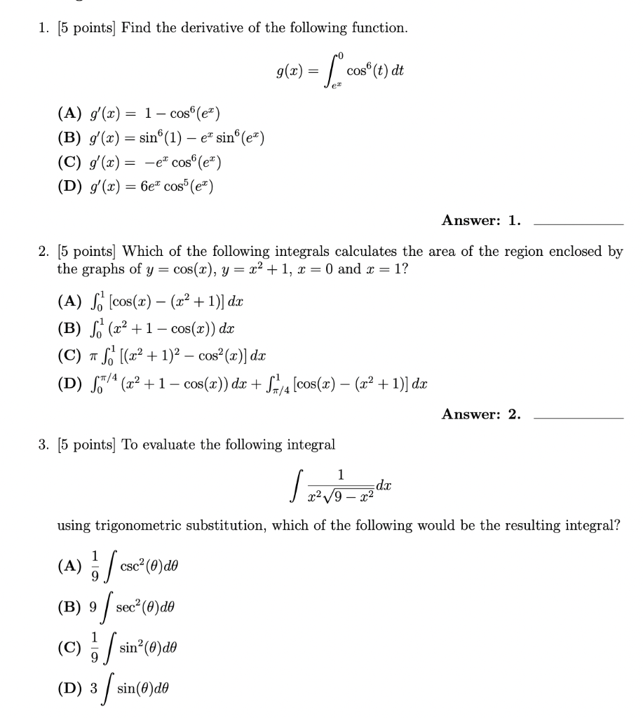 Solved 1. [5 points] Find the derivative of the following | Chegg.com