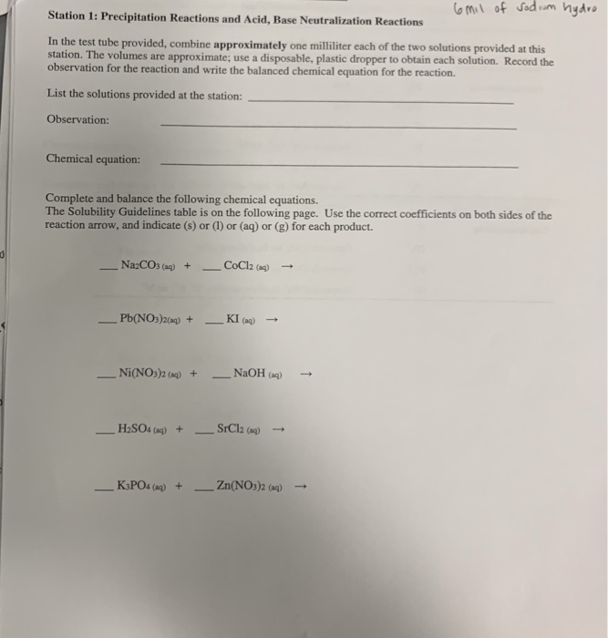 Solved Station 1: Precipitation Reactions and Acid, Base | Chegg.com