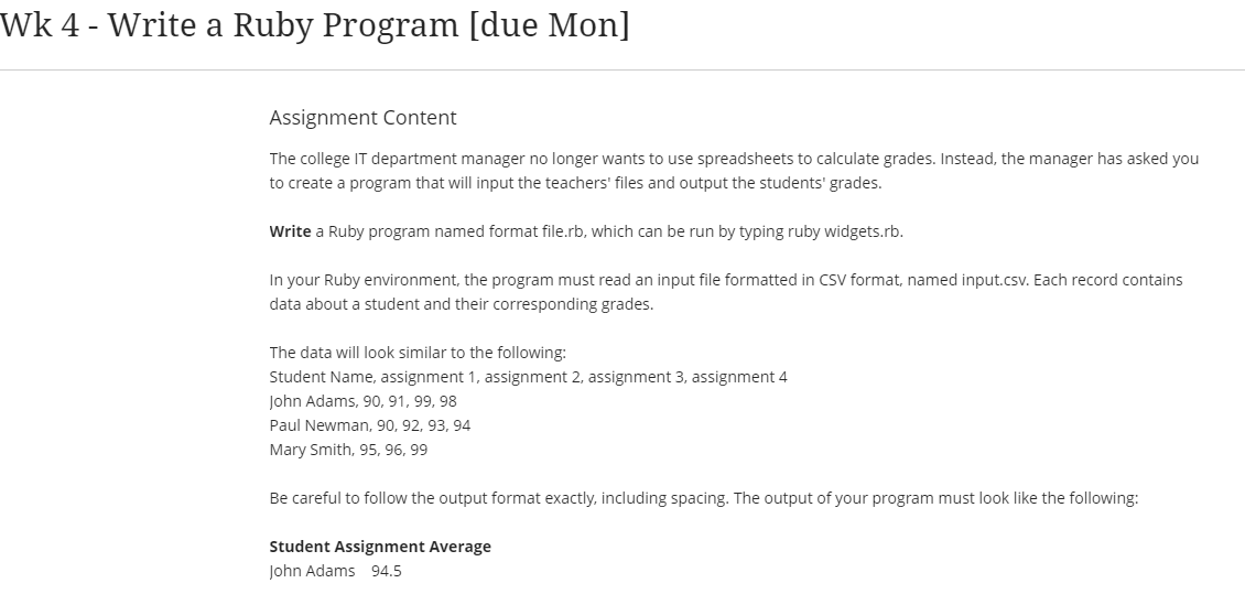 Solved Wk 4 - Write a Ruby Program (due Mon] Assignment | Chegg.com