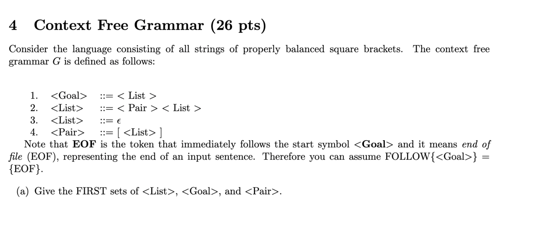 Solved 4 Context Free Grammar (26 pts) Consider the language | Chegg.com