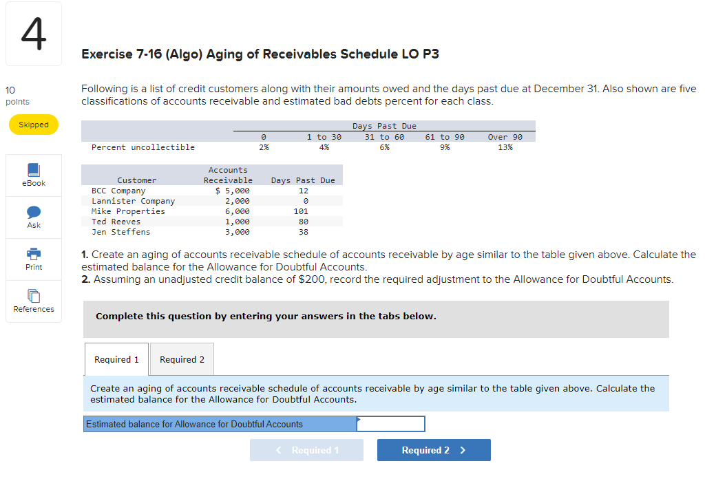 Solved Exercise 7-16 (Algo) Aging of Receivables Schedule LO | Chegg.com