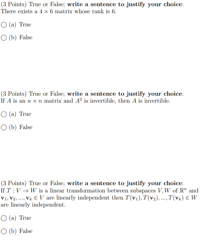 Solved (3 Points) True or False; write a sentence to justify | Chegg.com