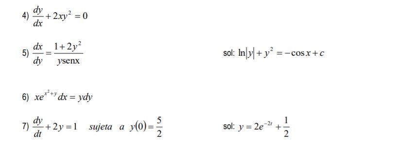 Solved dy 4) + 2xy = 0 dx 5) dx 1+ 2y2 dy ysenx sol: | Chegg.com