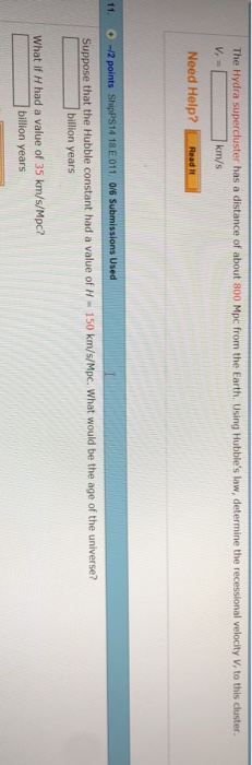 Solved The Hydra supercluster has a distance of about 800 | Chegg.com