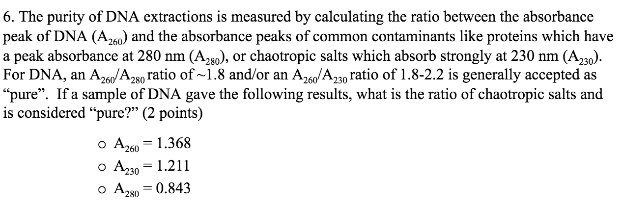 Solved 6. The purity of DNA extractions is measured by | Chegg.com