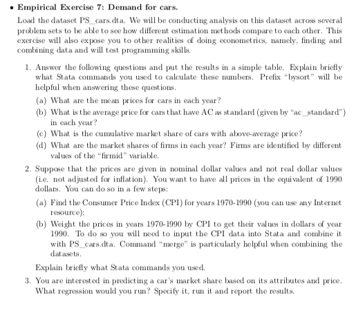 Empirical Exercise 7: Demand for cars. Load the | Chegg.com