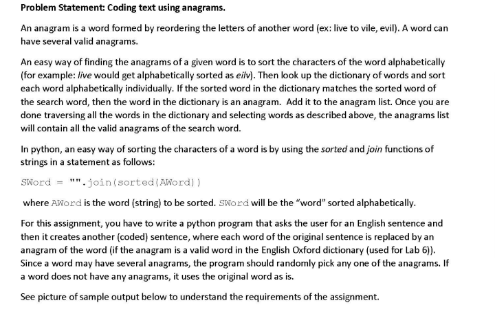 Problem Statement Coding Text Using Anagrams An 