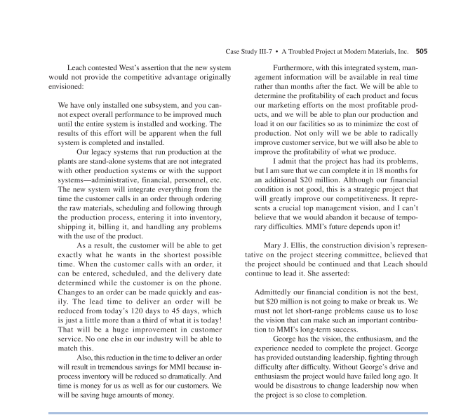 Solved Case Study III-7. A Troubled Project at Modern | Chegg.com | Chegg.com