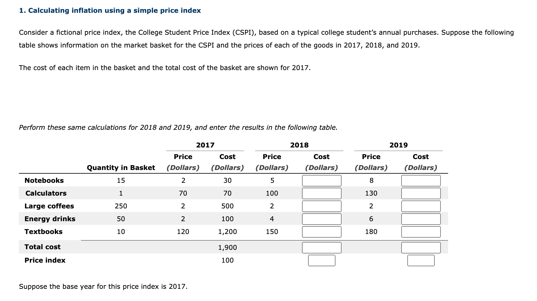 Solved 1. Calculating inflation using a simple price index | Chegg.com