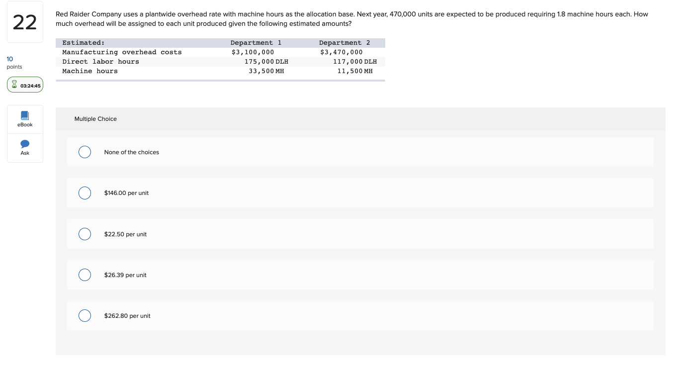 Solved 22 Red Raider Company uses a plantwide overhead rate | Chegg.com