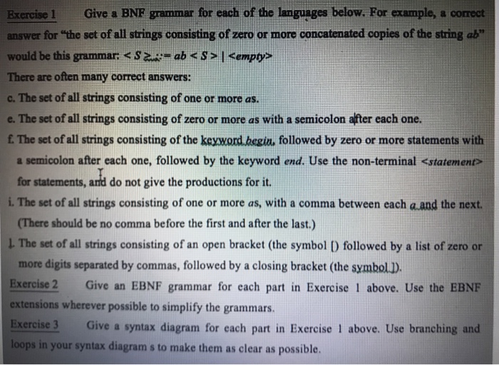 Solved Exercise 1 Give a BNF grammar for each of the | Chegg.com