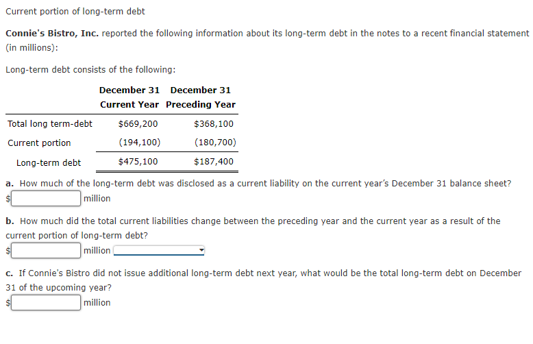 Solved Current portion of long-term debt Connie's Bistro, | Chegg.com