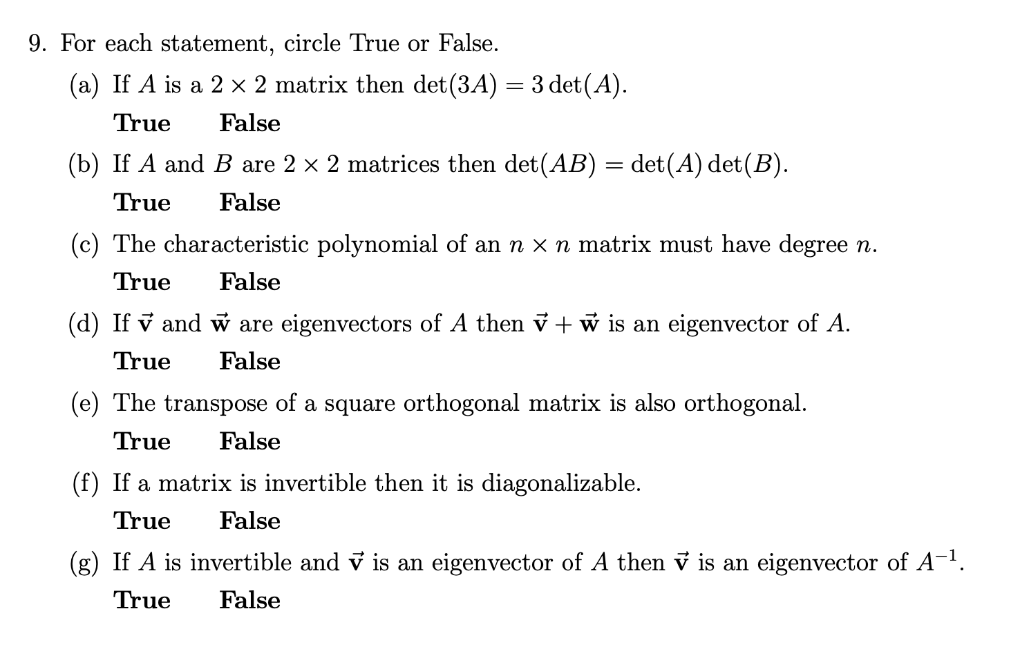 Solved 9. For each statement, circle True or False. (a) If A | Chegg.com