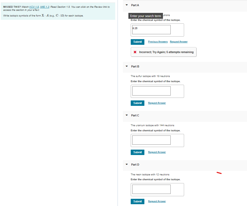 Solved Part A MISSED THIS? Watch KCV 1.8. WE 1.3. Read | Chegg.com