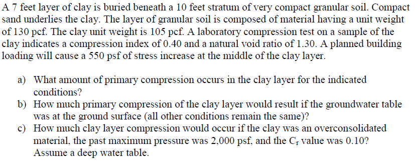 Solved A 7 feet layer of clay is buried beneath a 10 feet | Chegg.com