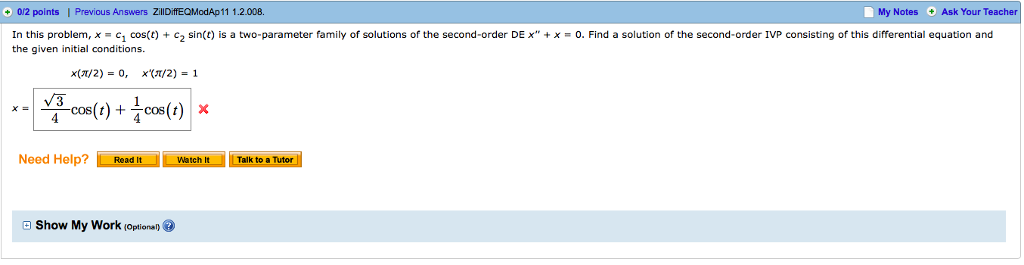 Solved 0/2 points| Previous Answers ZillDiffEQModAp11 | Chegg.com