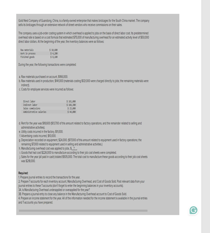 Solved Gold Nest Company of Guandong, China, is a | Chegg.com