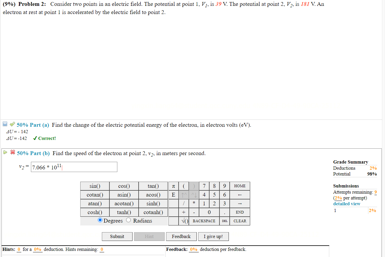 Solved (9%) Problem 2: Consider two points in an electric | Chegg.com