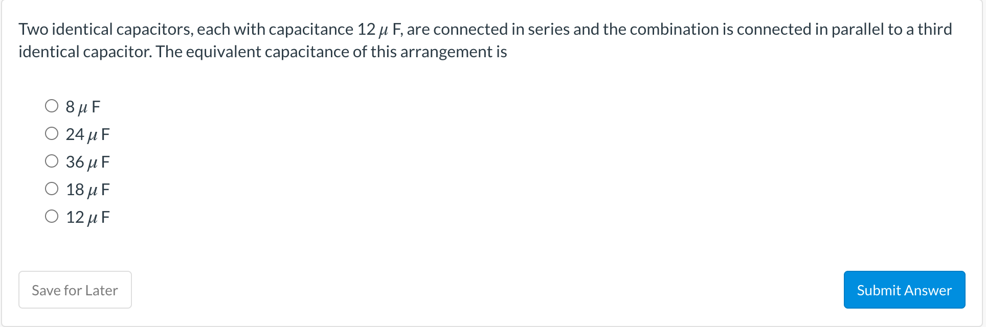Solved Two identical capacitors, each with capacitance 12 u | Chegg.com