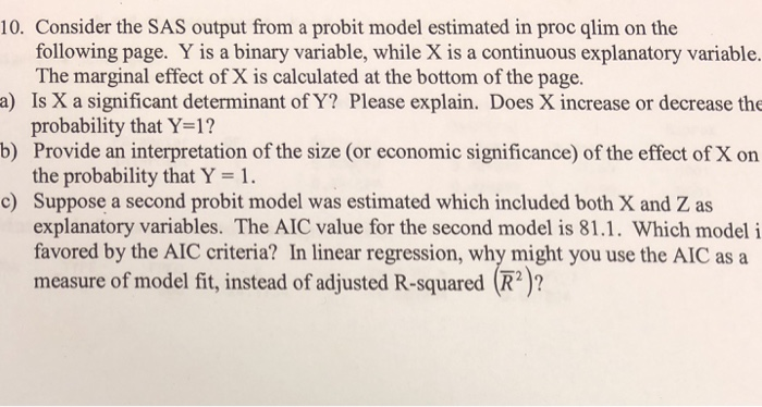 Solved 10. Consider the SAS output from a probit model | Chegg.com